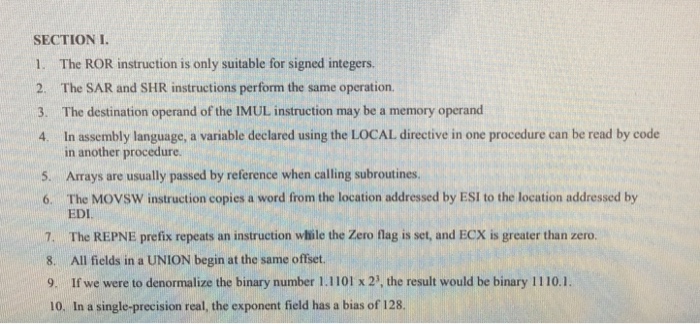 Solved SECTION I 1. The ROR instruction is only suitable for | Chegg.com