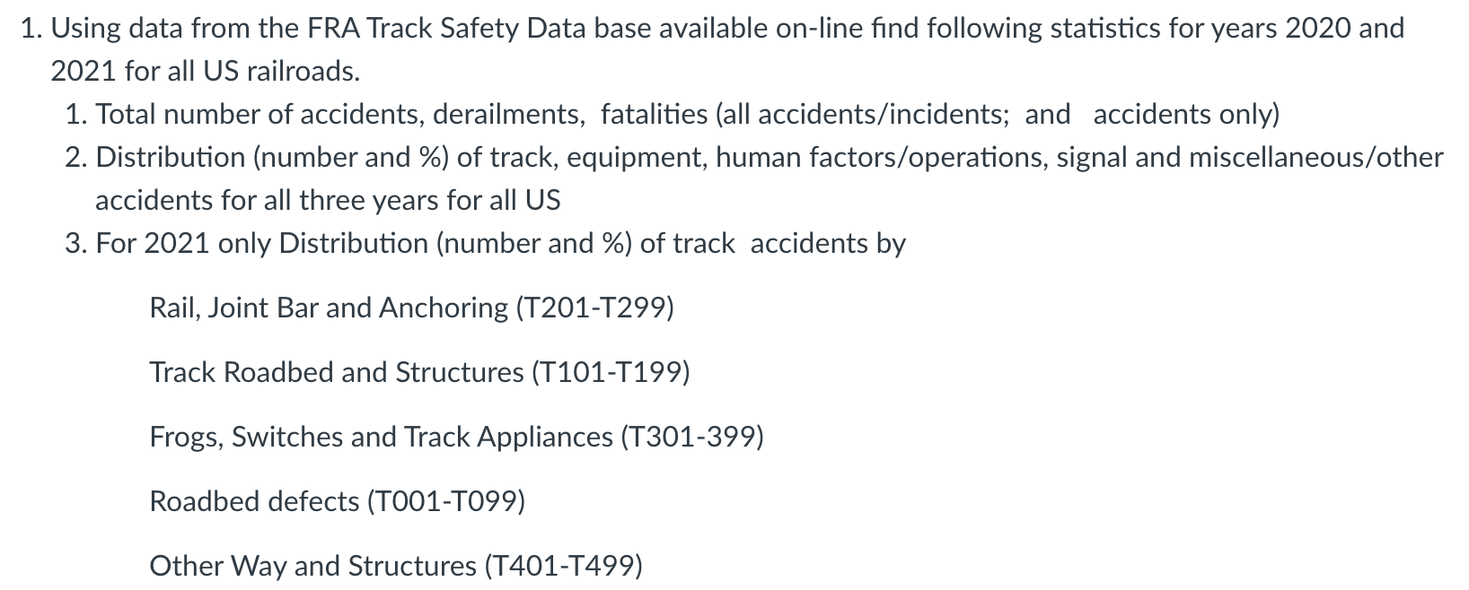1. Using data from the FRA Track Safety Data base | Chegg.com