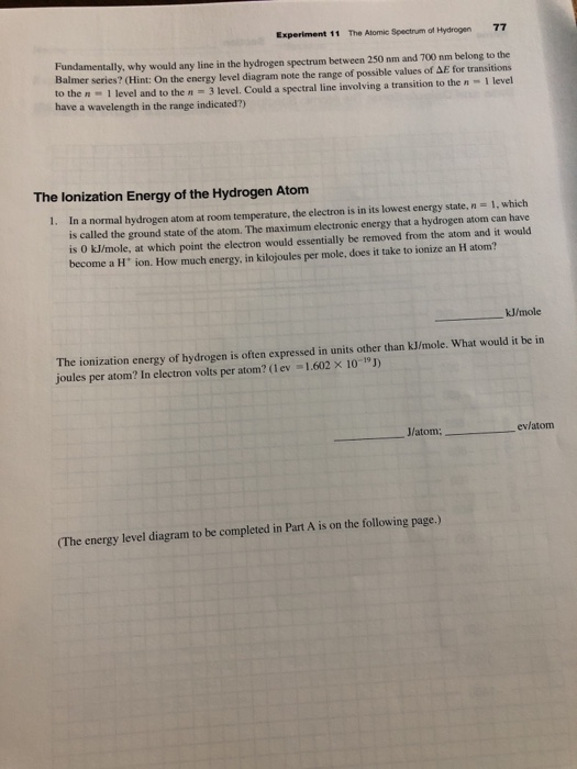 Solved Experiment 11 The Atomic Spectrum of Hydrogen 77 | Chegg.com