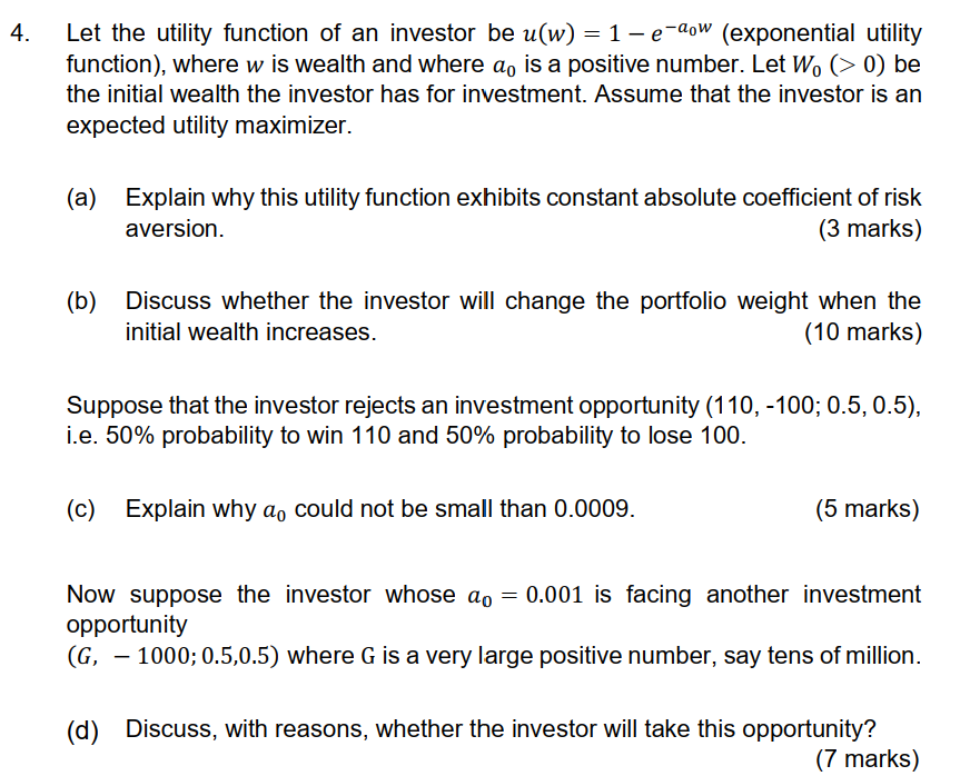 Let the utility function of an investor be u(w)= | Chegg.com