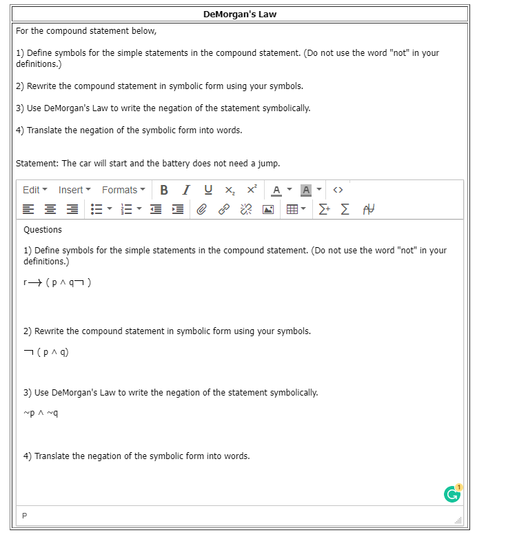 Solved For the compound statement below, 1) Define symbols | Chegg.com