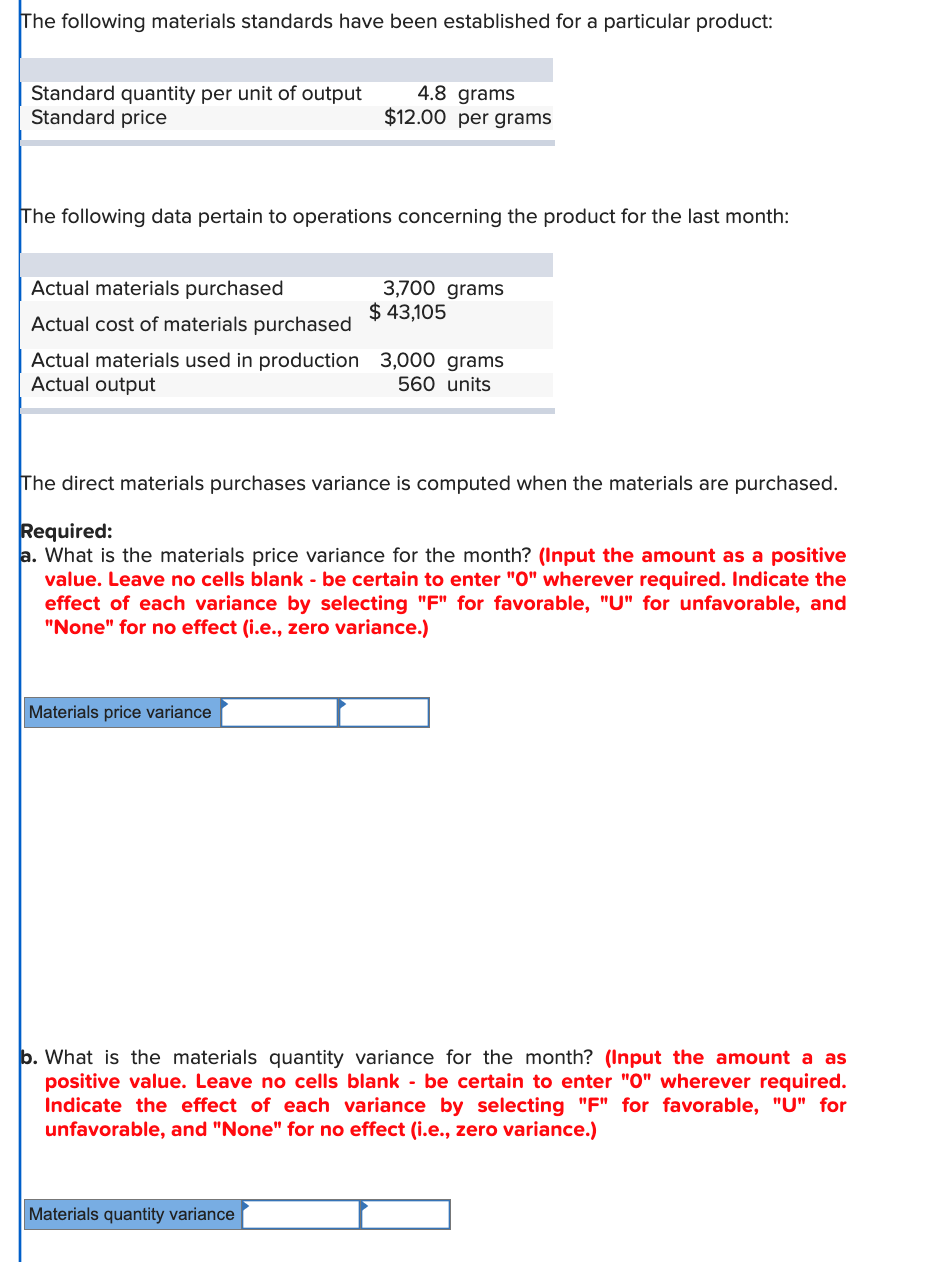 Solved The following materials standards have been | Chegg.com