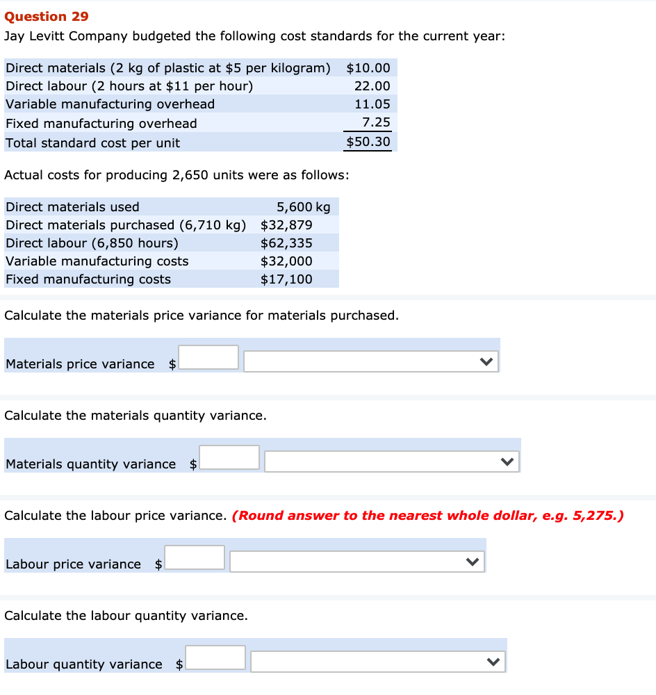Solved Question 29 Jay Levitt Company budgeted the following | Chegg.com