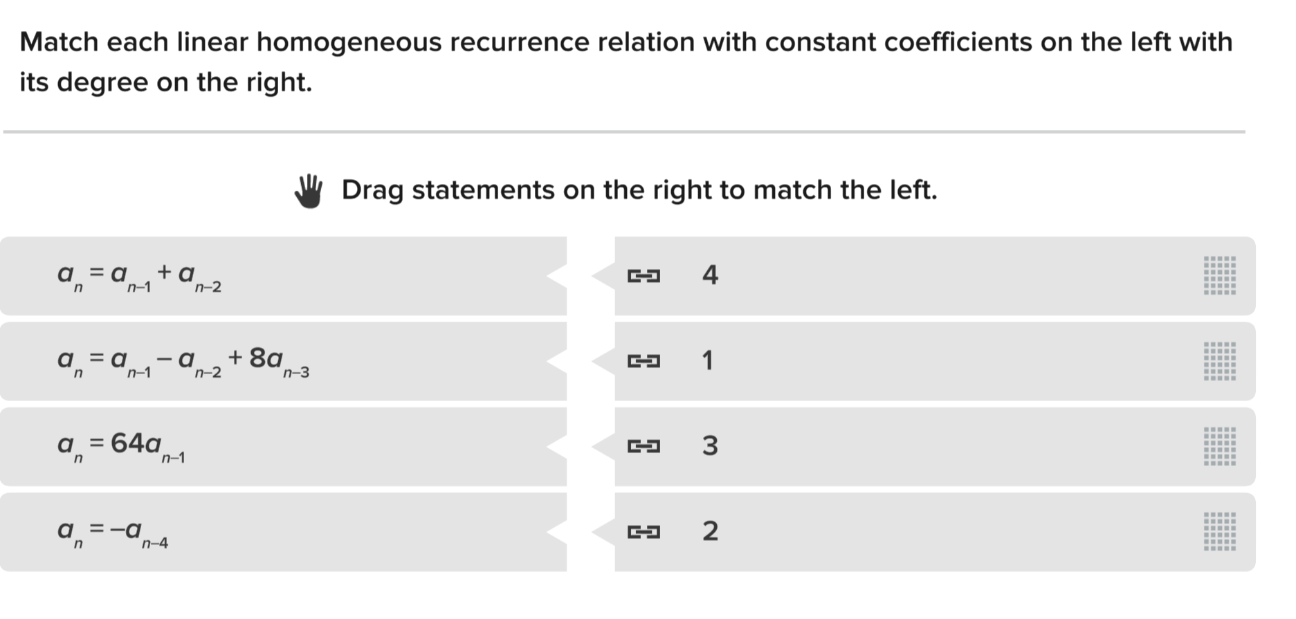 Solved Match each linear homogeneous recurrence relation | Chegg.com
