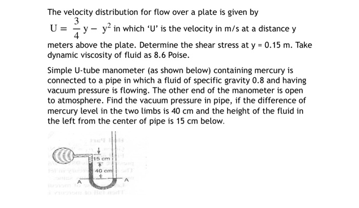 Solved The velocity distribution for flow over a plate is | Chegg.com
