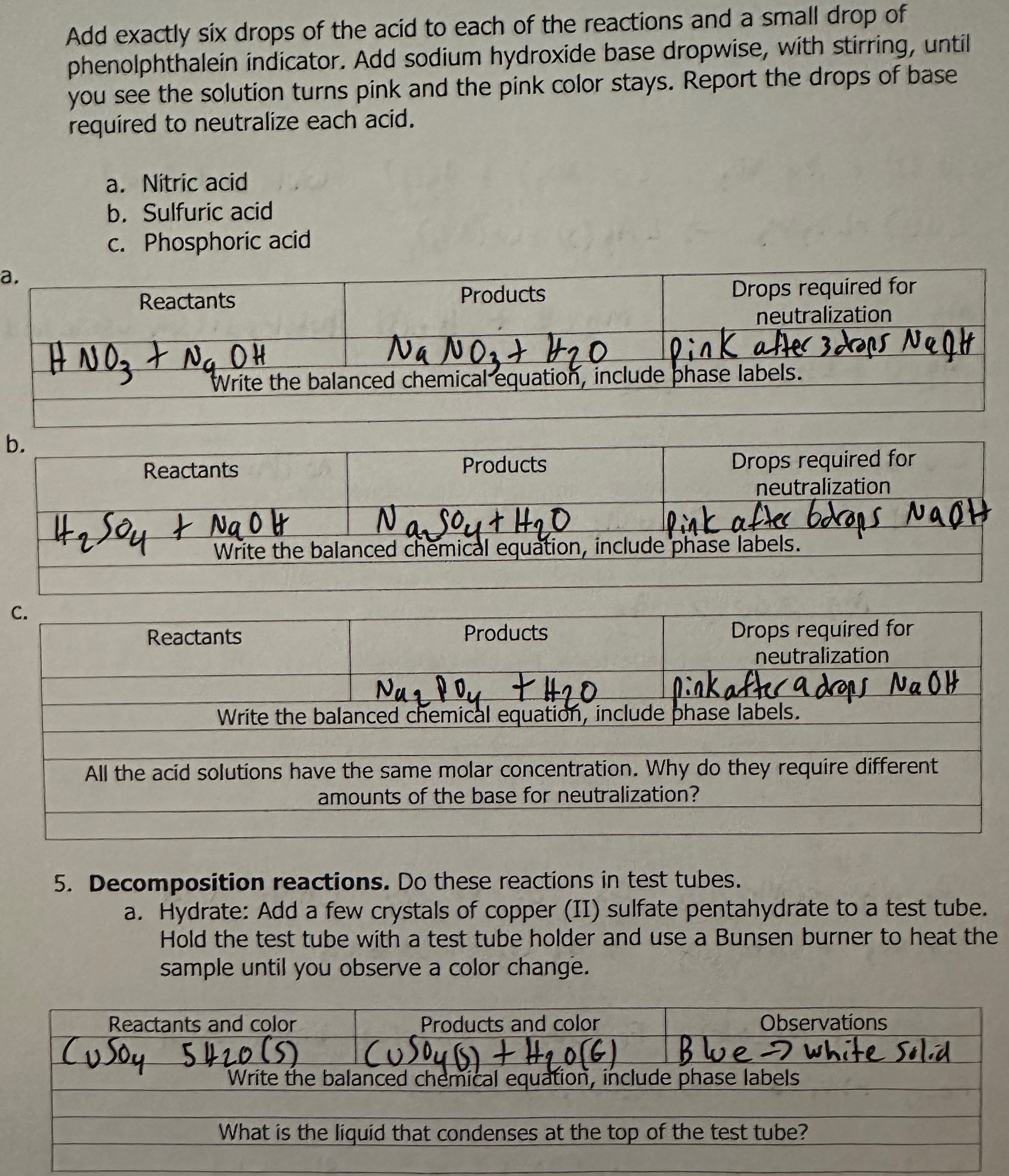 Add exactly six drops of the acid to each of the | Chegg.com