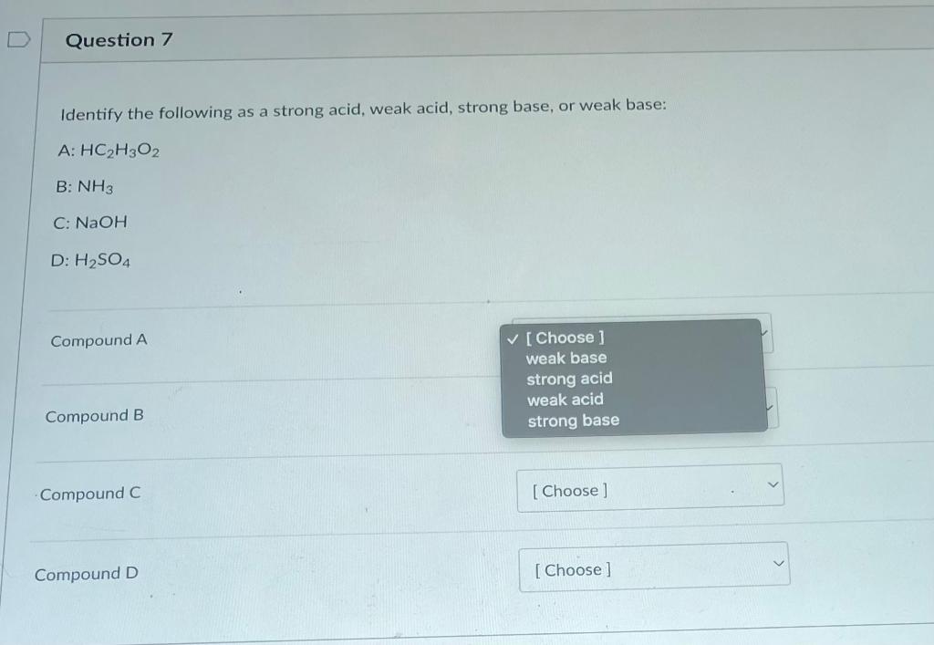Solved Identify the following as a strong acid, weak acid, | Chegg.com