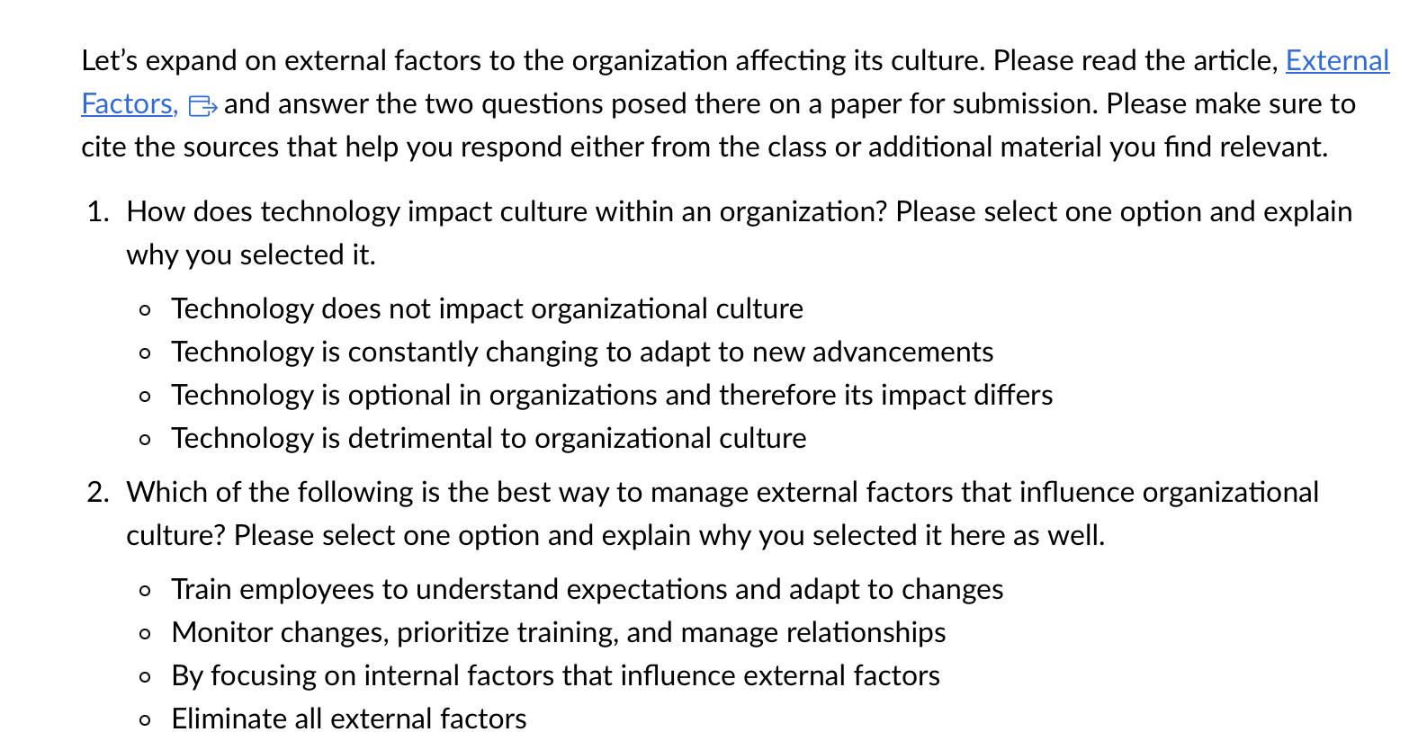 Solved Let's expand on external factors to the organization | Chegg.com