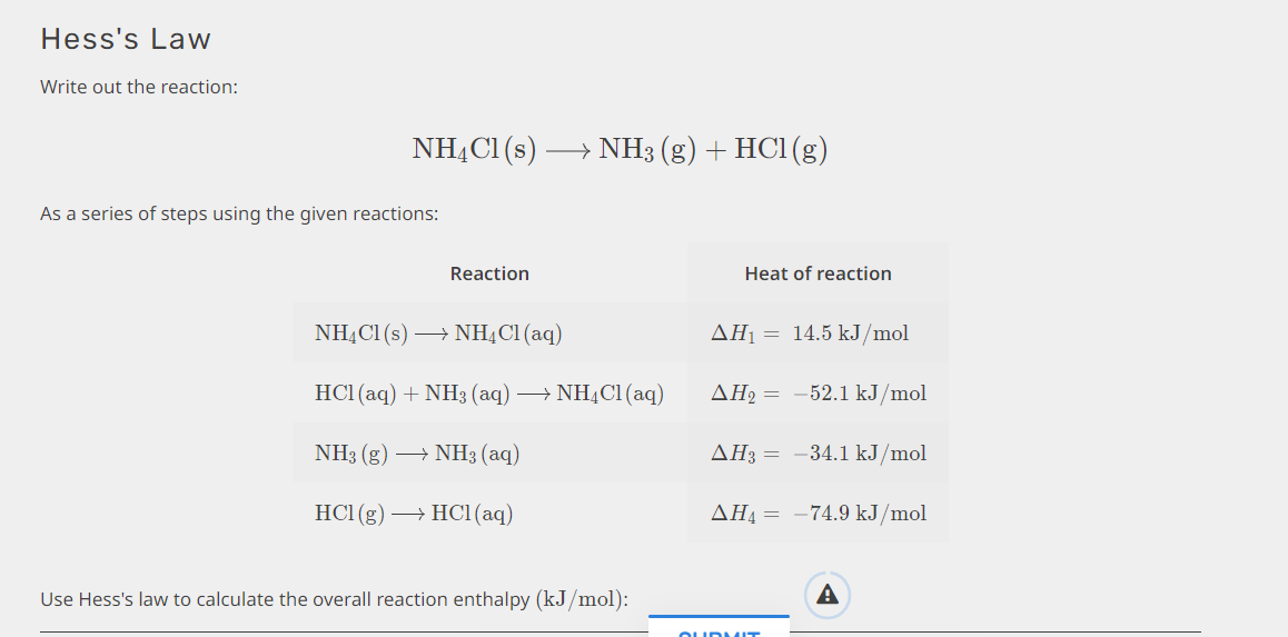 Solved Hess's Law Write out the reaction: NH4Cl(s) NH3( | Chegg.com