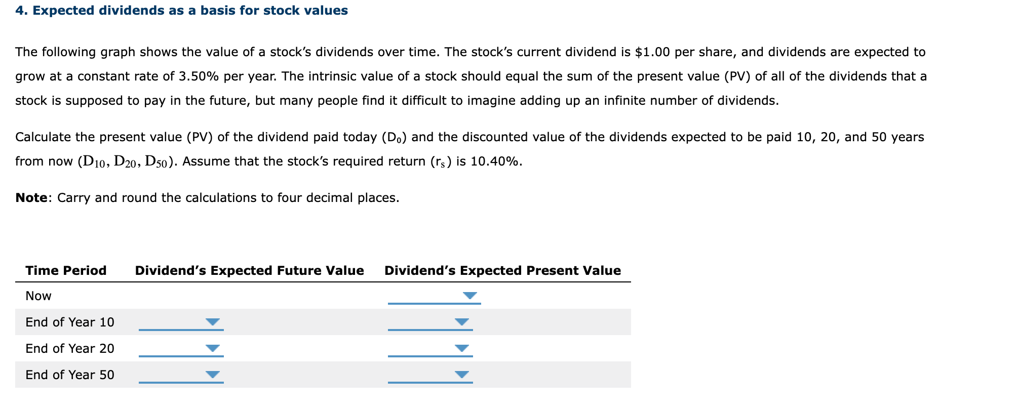 Solved 4. Expected dividends as a basis for stock values The | Chegg.com