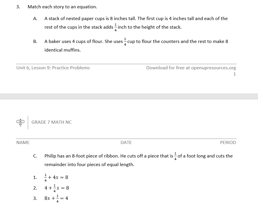 Solved 3. Match each story to an equation. A. A stack of | Chegg.com