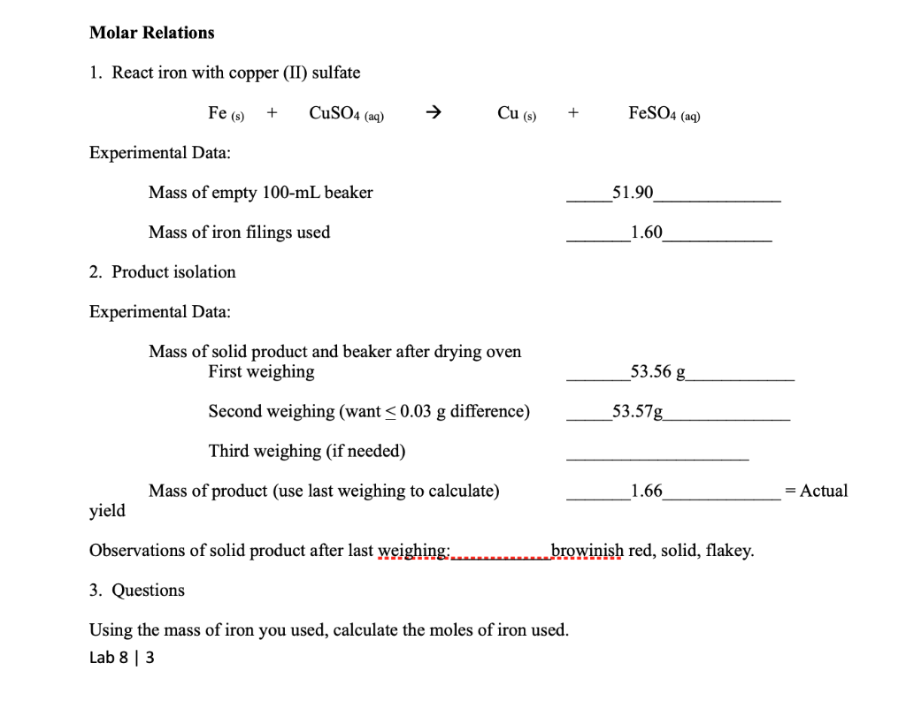 Solved Molar Relations 1. React iron with copper (II) | Chegg.com