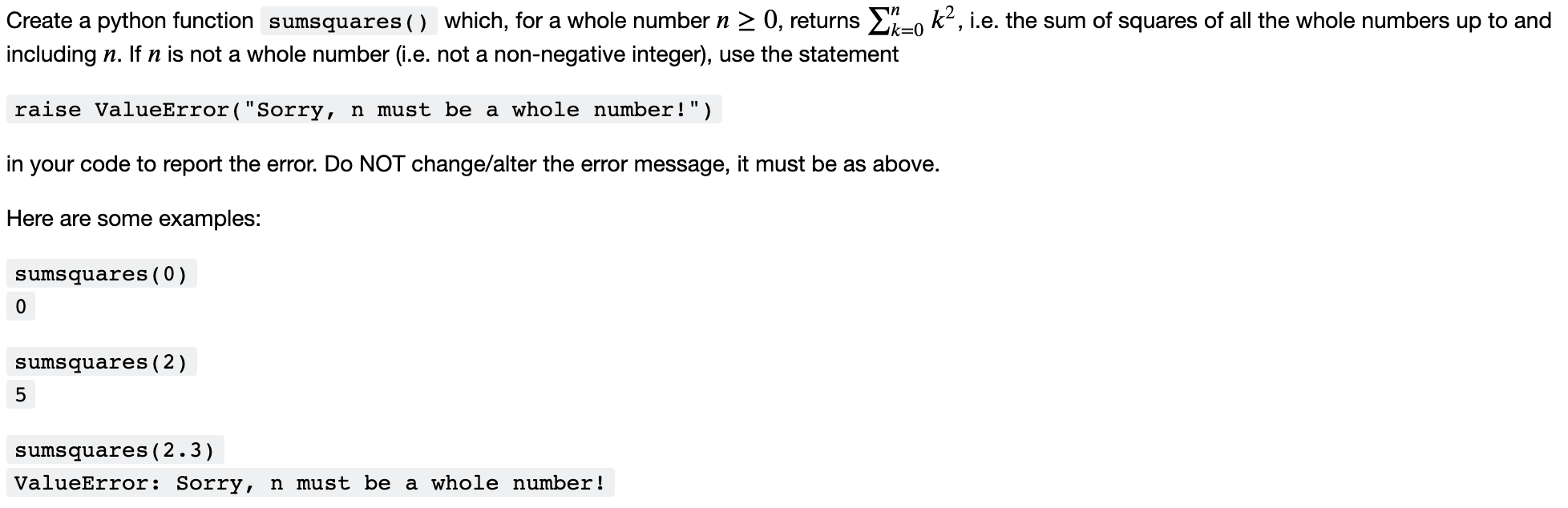 Solved Create a python function sumsquares ( ) which, for a | Chegg.com