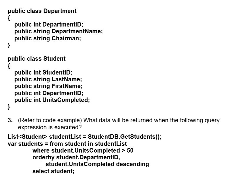 Solved Public Class Department Public Int Departmentid 