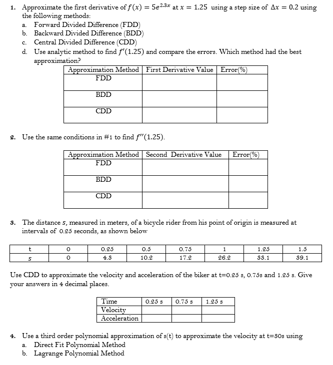 Solved 1. Approximate the first derivative of f(x) = 5e2-3x | Chegg.com