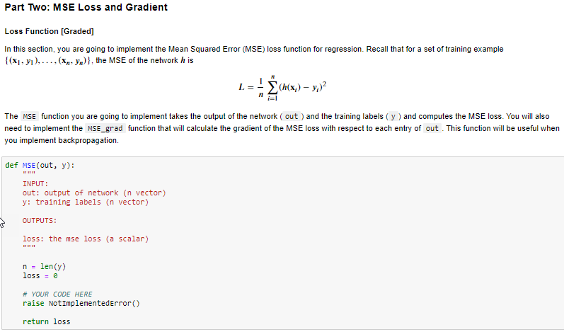 Solved Part Two MSE Loss And Gradient Loss Function Chegg