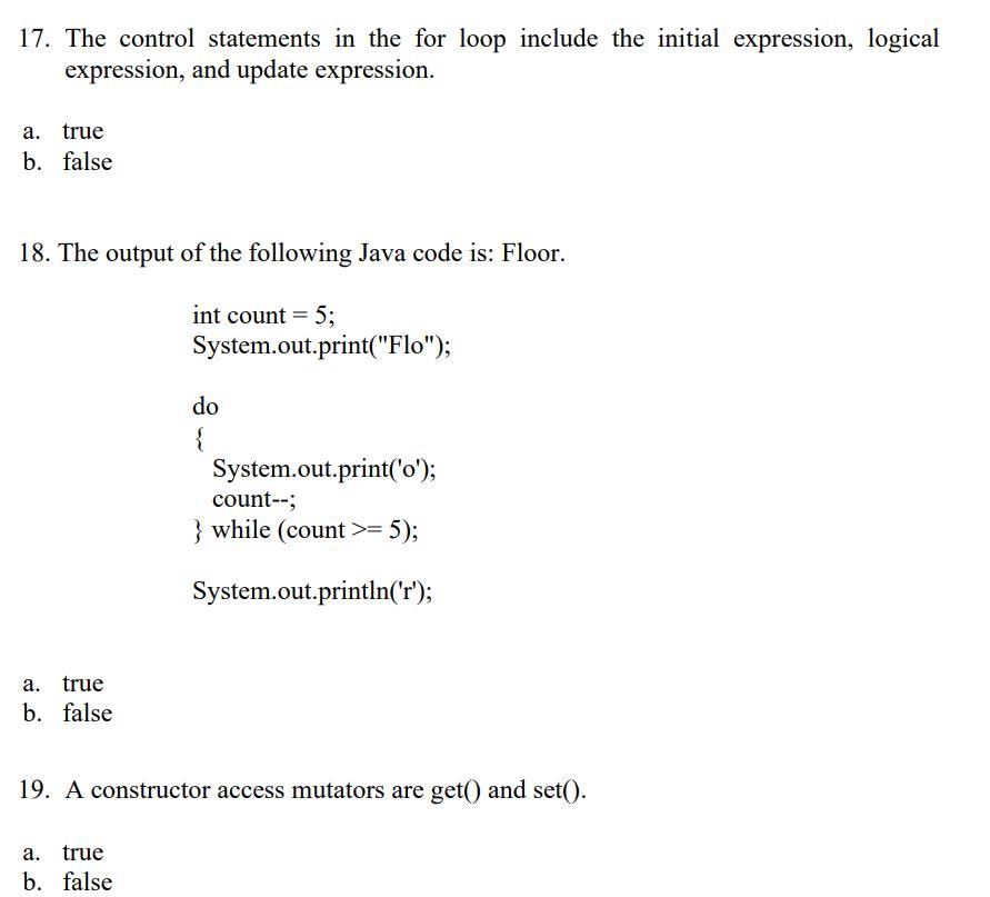 Solved 17. The control statements in the for loop include | Chegg.com