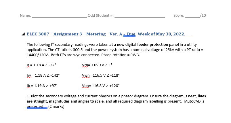 Solved /10 Name: Odd Student #: Score: ELEC 3007 - | Chegg.com