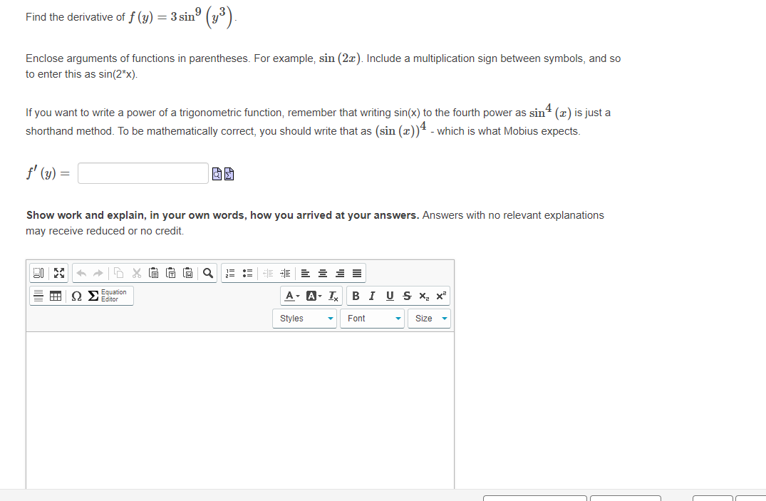 Solved Find the derivative of f(y)=3sin9(y3). Enclose | Chegg.com