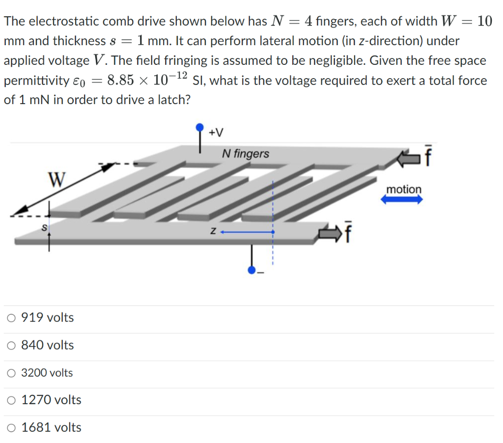 Solved The electrostatic comb drive shown below has N = 4 | Chegg.com