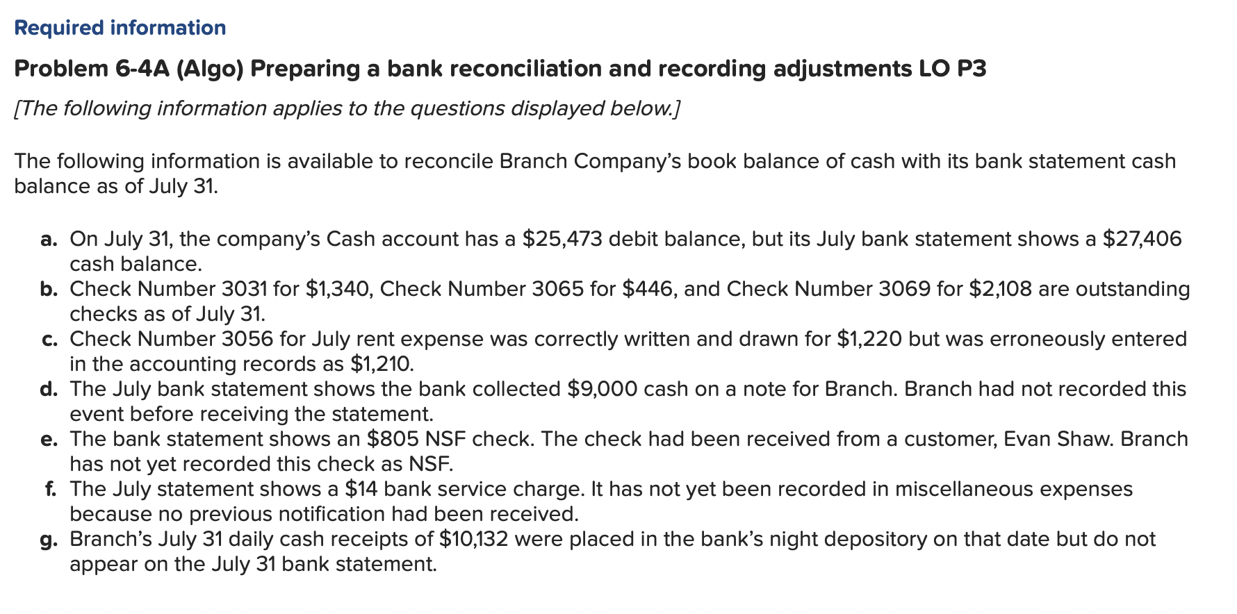 Solved Problem 6-4A (Algo) Preparing a bank reconciliation | Chegg.com