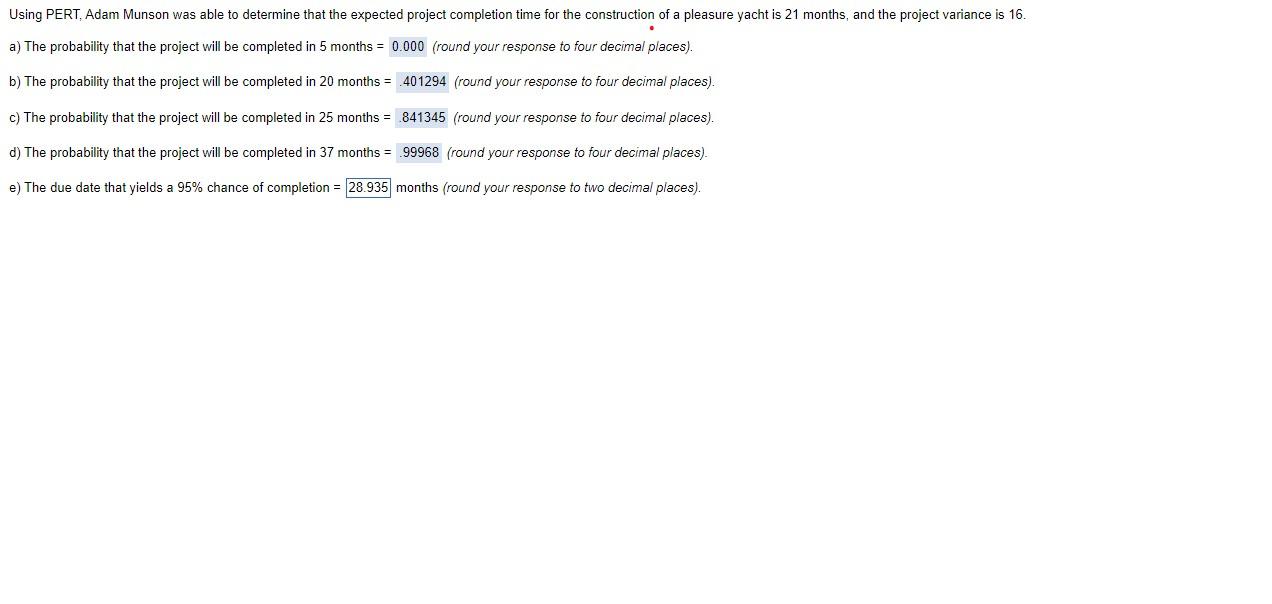 Solved Using PERT, Adam Munson was able to determine that | Chegg.com