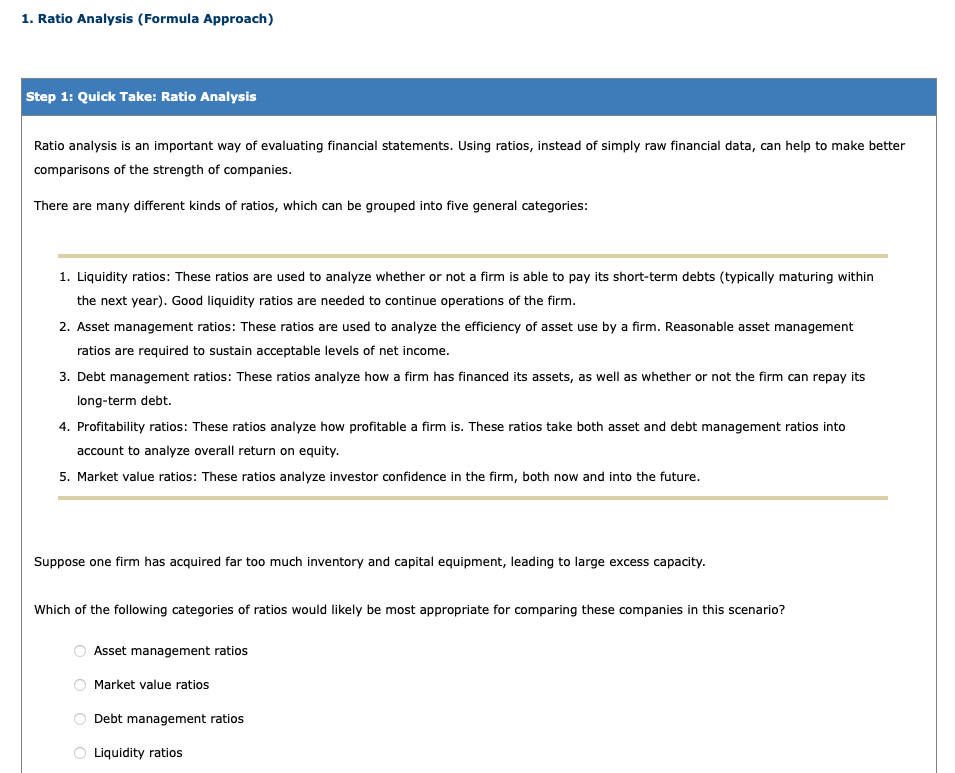 Solved 1. Ratio Analysis (Formula Approach) Step 1: Quick | Chegg.com