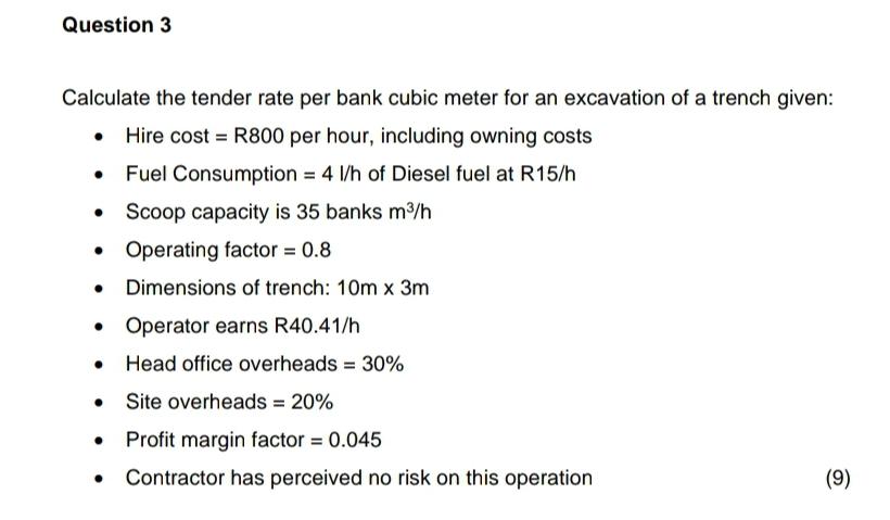 Solved Question 3 . Calculate the tender rate per bank cubic | Chegg.com