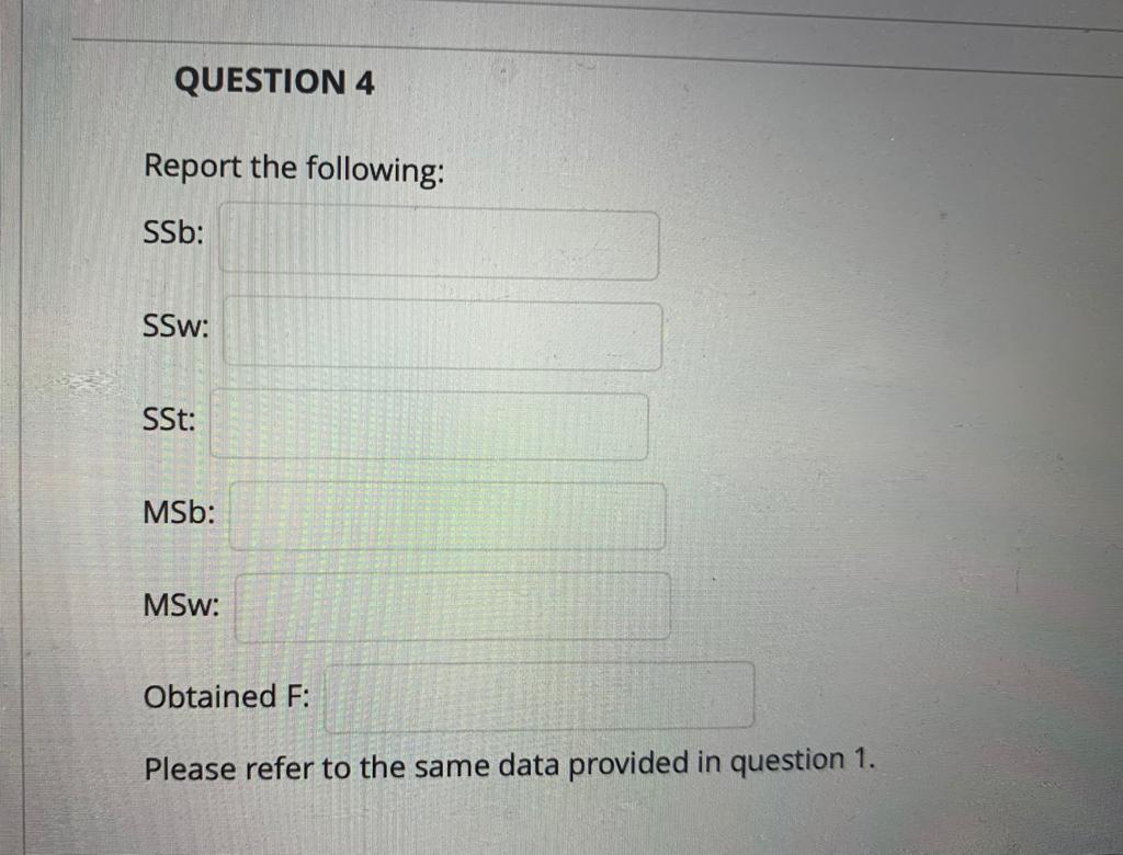 Solved QUESTION 4 Report the following: SSb: SSw: SSt: MSb: | Chegg.com
