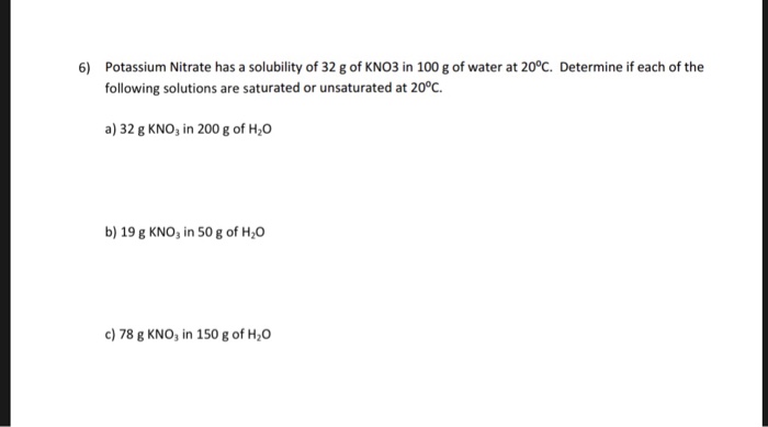 Solved Potassium Nitrate has a solubility of 32 g of KNO3 in | Chegg.com