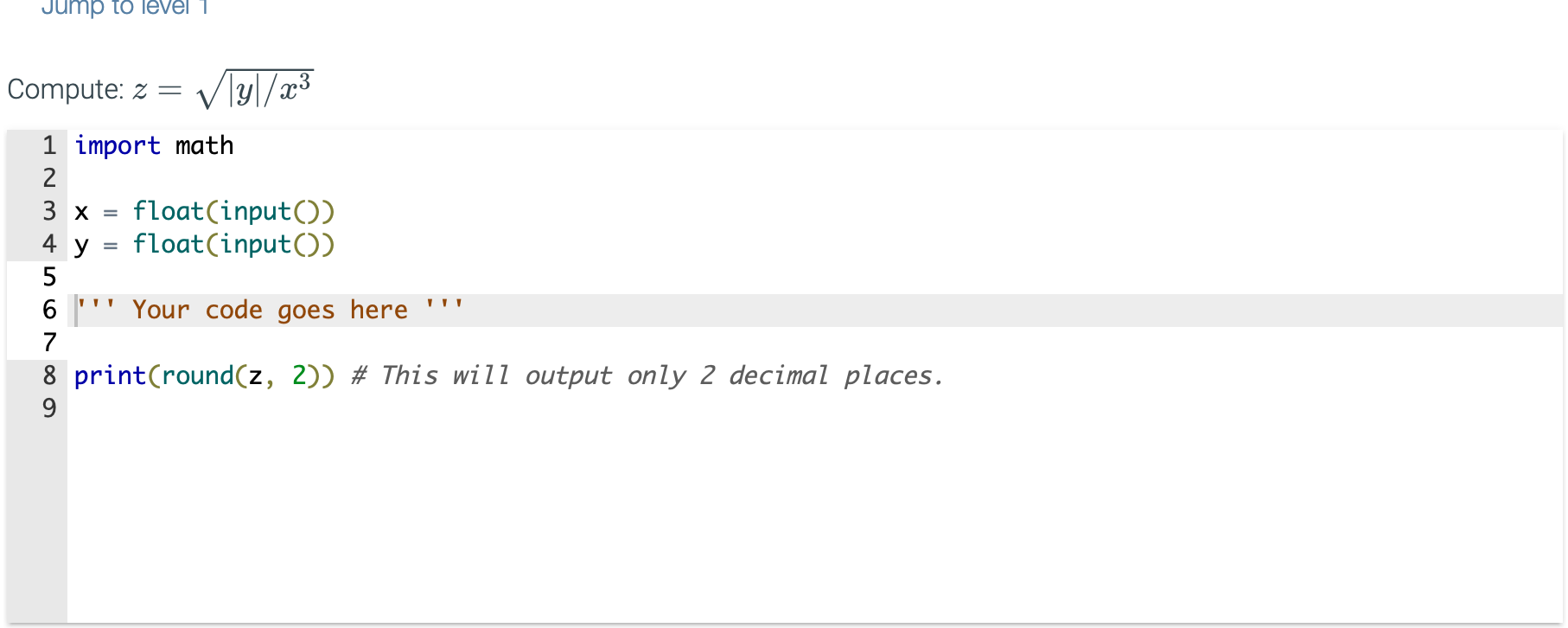 Solved Jump to level Compute: 2 = V \y\/x3 1 import math 2 3 | Chegg.com