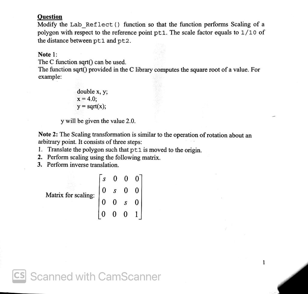 void Lab_Reflect(double a[][4], int n, double pt1[3], | Chegg.com