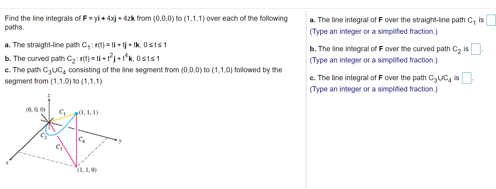 Solved Find the line integrals of F=yi+4xj+4zk from (0,0,0) | Chegg.com