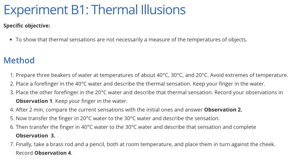 Solved Experiment B1: Thermal Illusions Specific objective: | Chegg.com