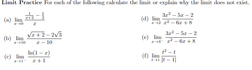 Solved Limit Practice For each of the following calculate | Chegg.com