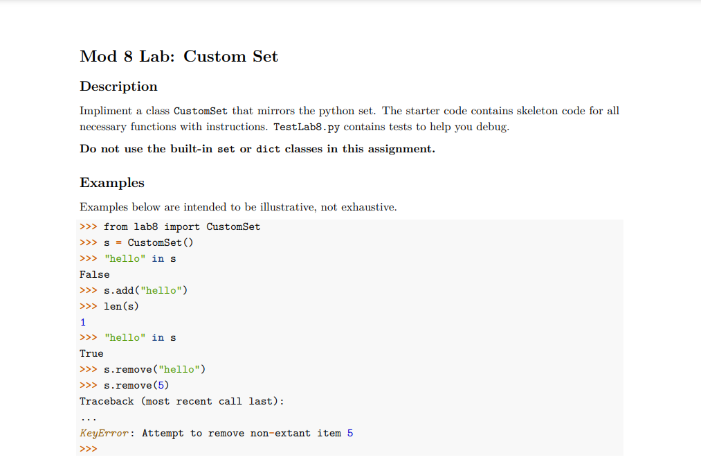 Solved Starter Code Must Use Class Customset Def 