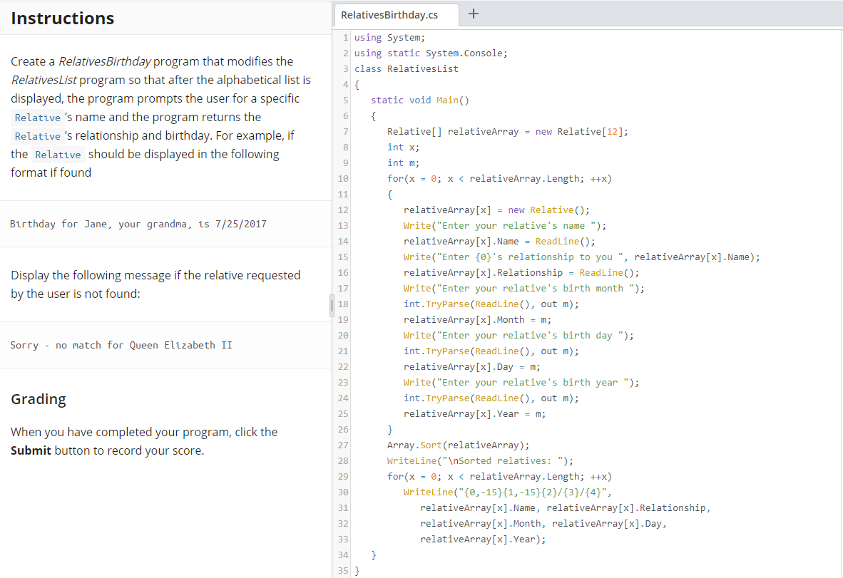 Solved Instructions Relatives Birthday.cs + Create a | Chegg.com
