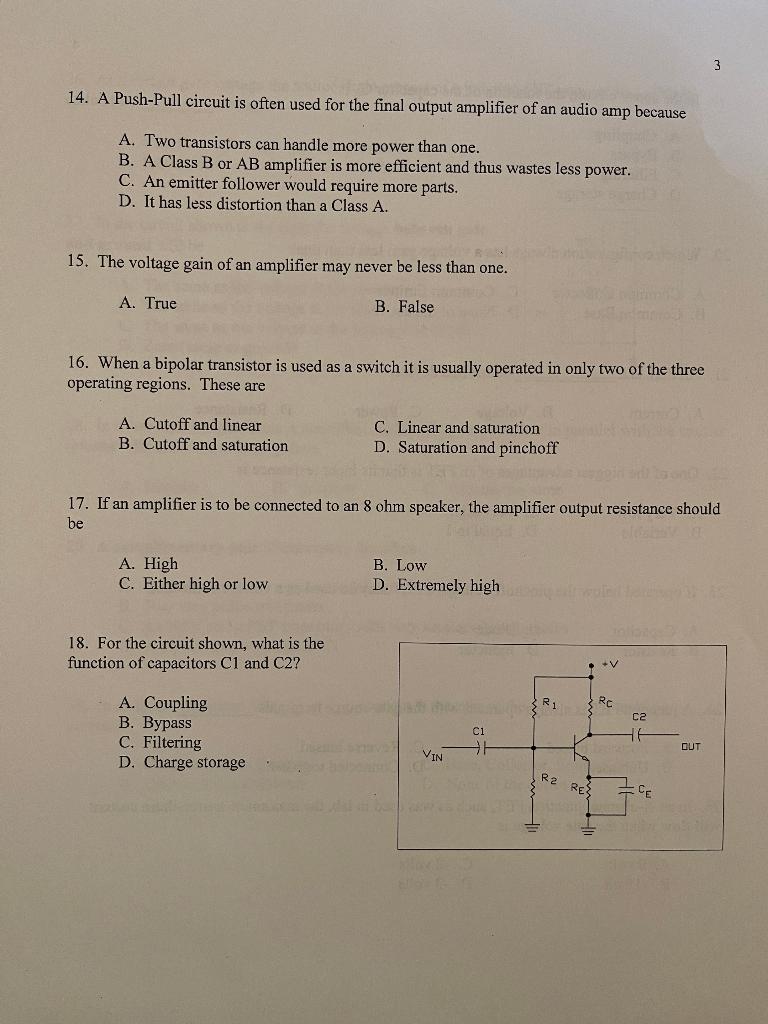 Solved 14. A Push-Pull circuit is often used for the final | Chegg.com