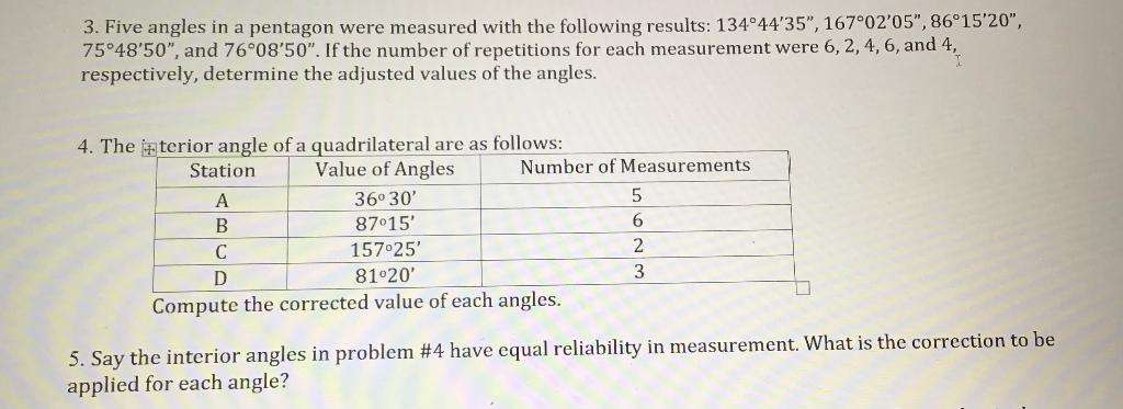 Solved 3. Five angles in a pentagon were measured with the | Chegg.com