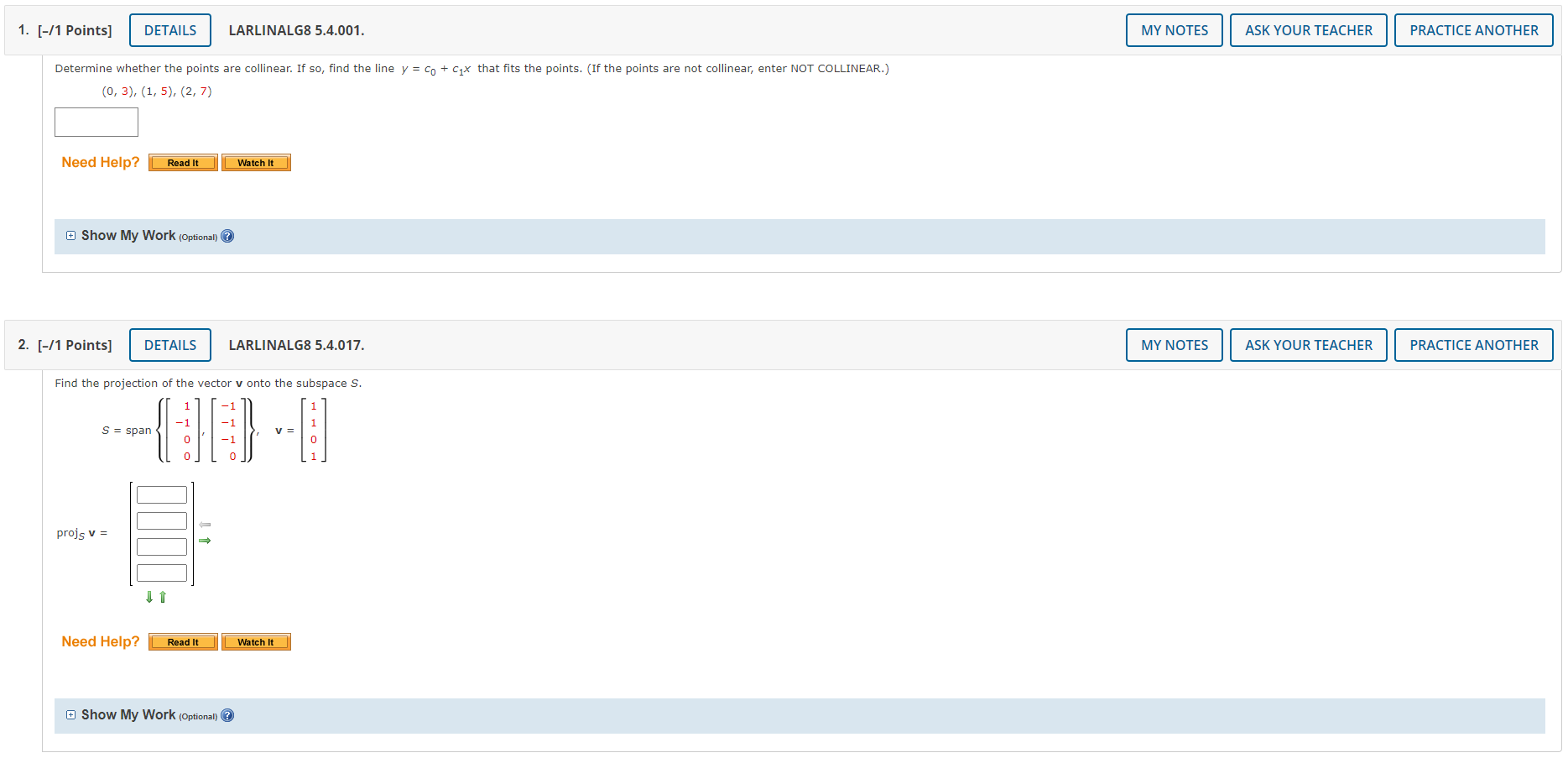 Solved 1. [-/1 Points] DETAILS LARLINALG8 5.4.001. MY NOTES | Chegg.com