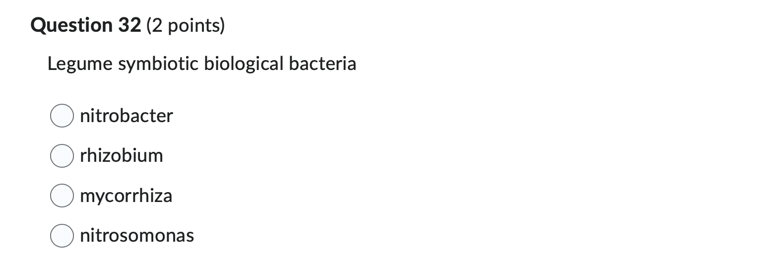 Solved Question 32 (2 ﻿points)Legume symbiotic biological | Chegg.com
