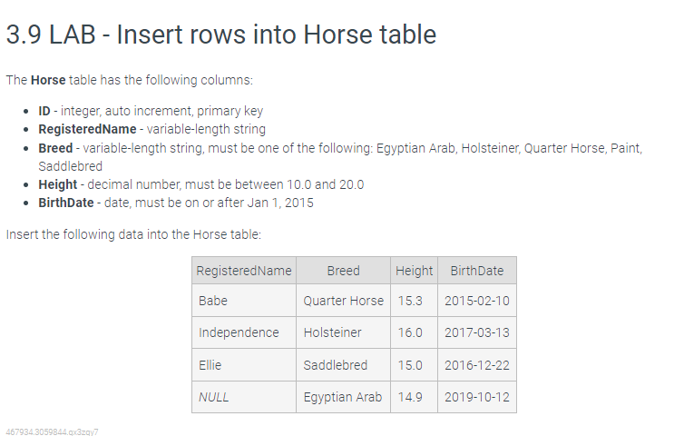 Solved 3.9 LAB - Insert rows into Horse table The Horse | Chegg.com Solved 3.9 LAB - Insert rows into Horse table The Horse | Chegg.com