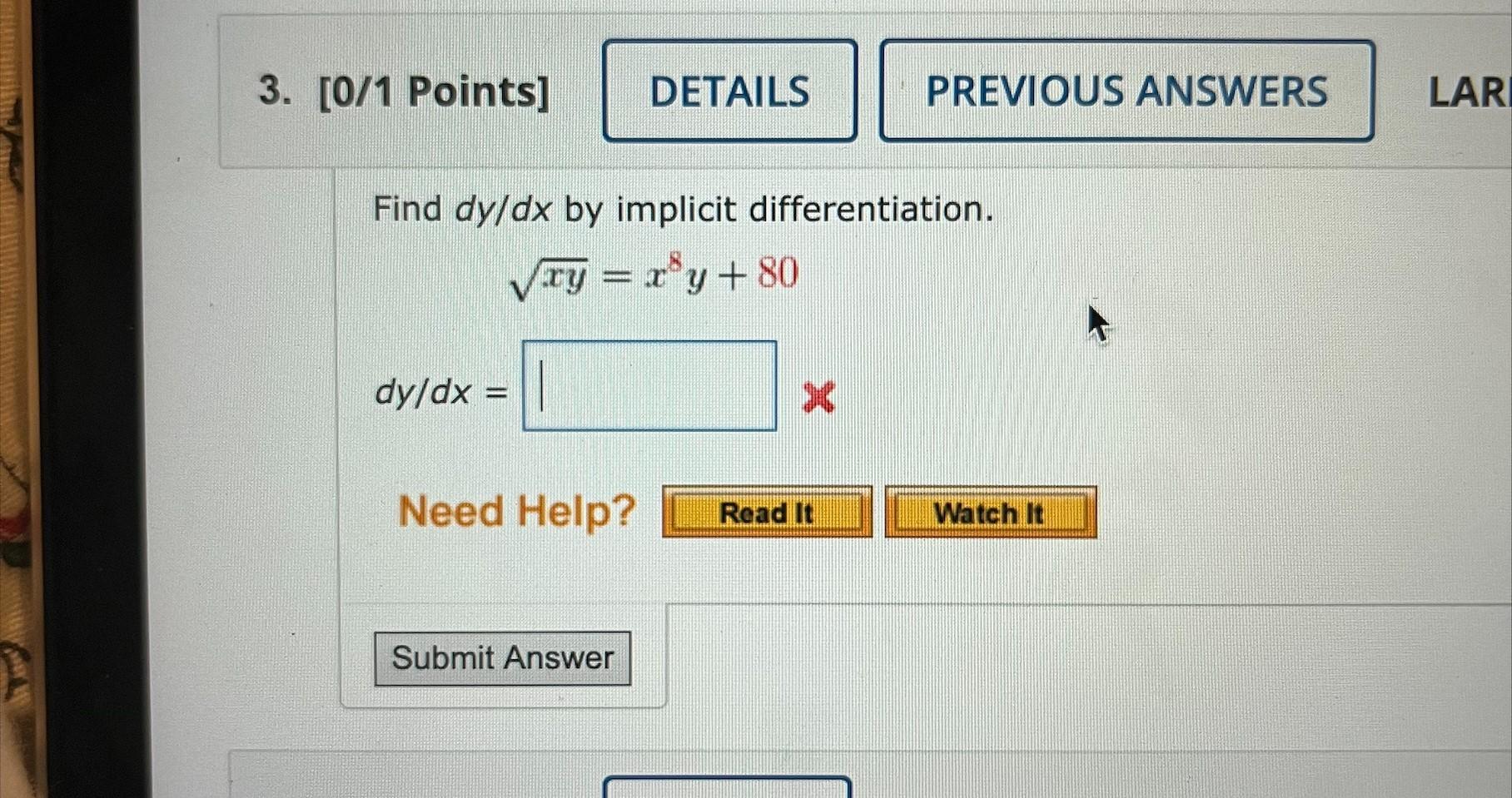 Solved Find dy/dx by implicit differentiation. xy=x8y+80 | Chegg.com