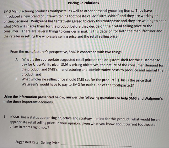 Solved Pricing Calculations SMG Manufacturing produces | Chegg.com