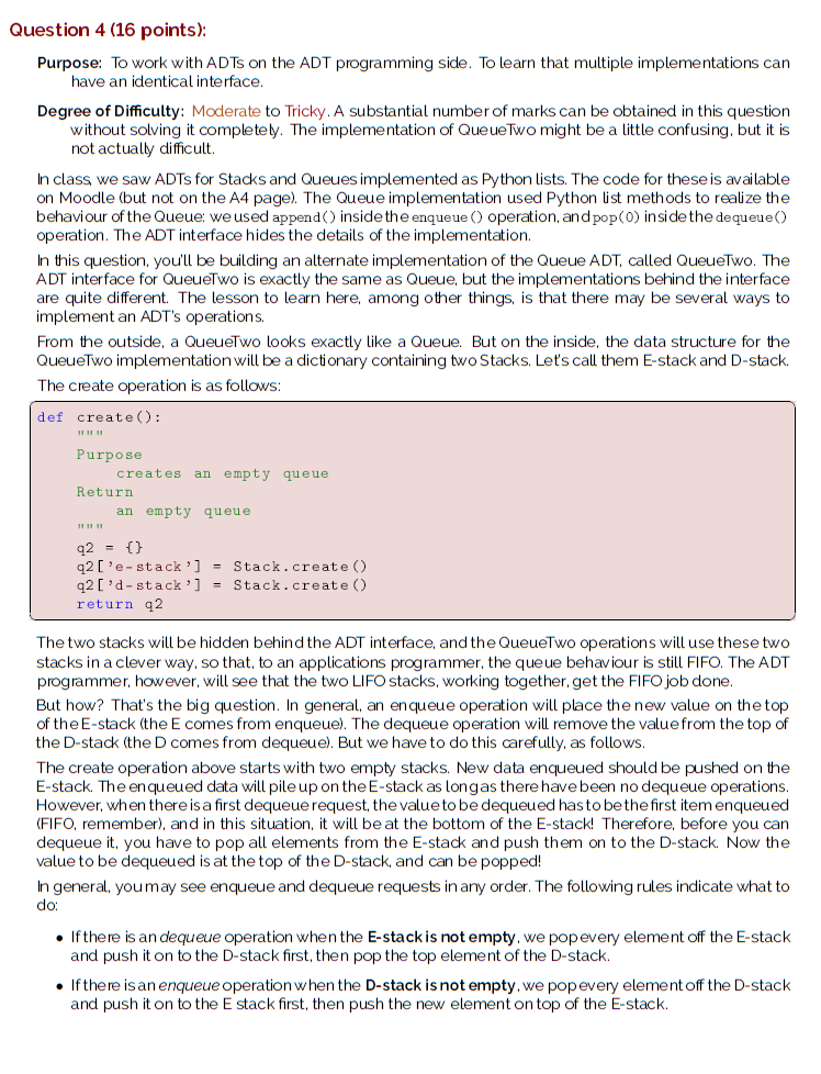 Solved Question 4 (16 points) Purpose: To work with ADTs on | Chegg.com