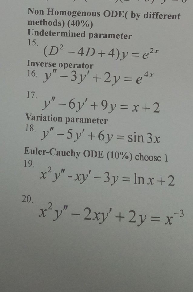 Solved Non Homogenous ODE( by different methods) (40%) | Chegg.com