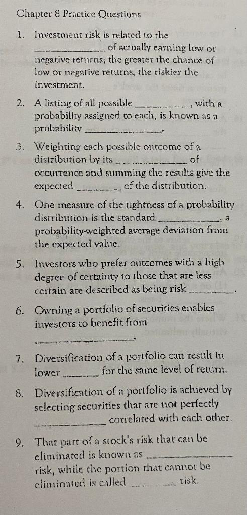 Solved Chapter 8 Practice Questions with a 1. Investinent | Chegg.com