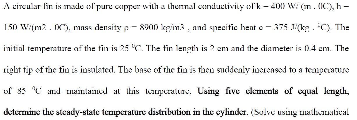 Solved A circular fin is made of pure copper with a thermal | Chegg.com