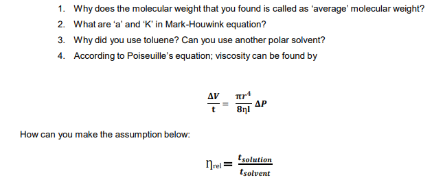 Solved 1. Why does the molecular weight that you found is | Chegg.com