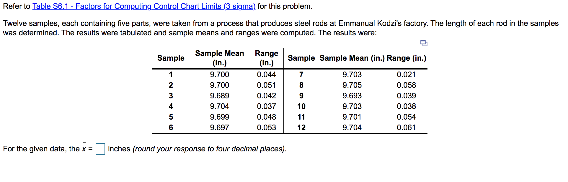Solved Refer to Table 56.1 - Factors for Computing Control | Chegg.com